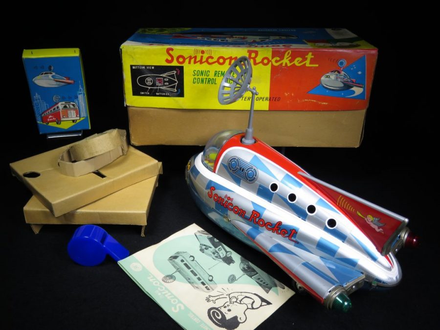 Checkered Sonicon Rocket – Masudaya – Japan | Mark Bergin Toys